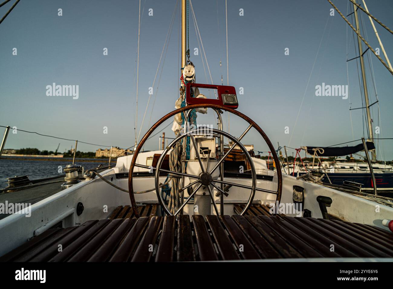 Sailboat Steering Wheel and Cockpit View Stock Photo - Alamy