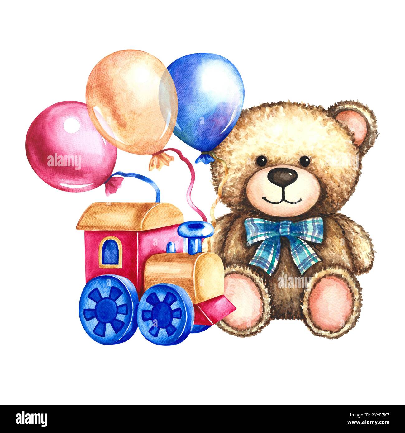 Children's toys. Teddy bear, train, spinning top. Hand-drawn watercolor ...
