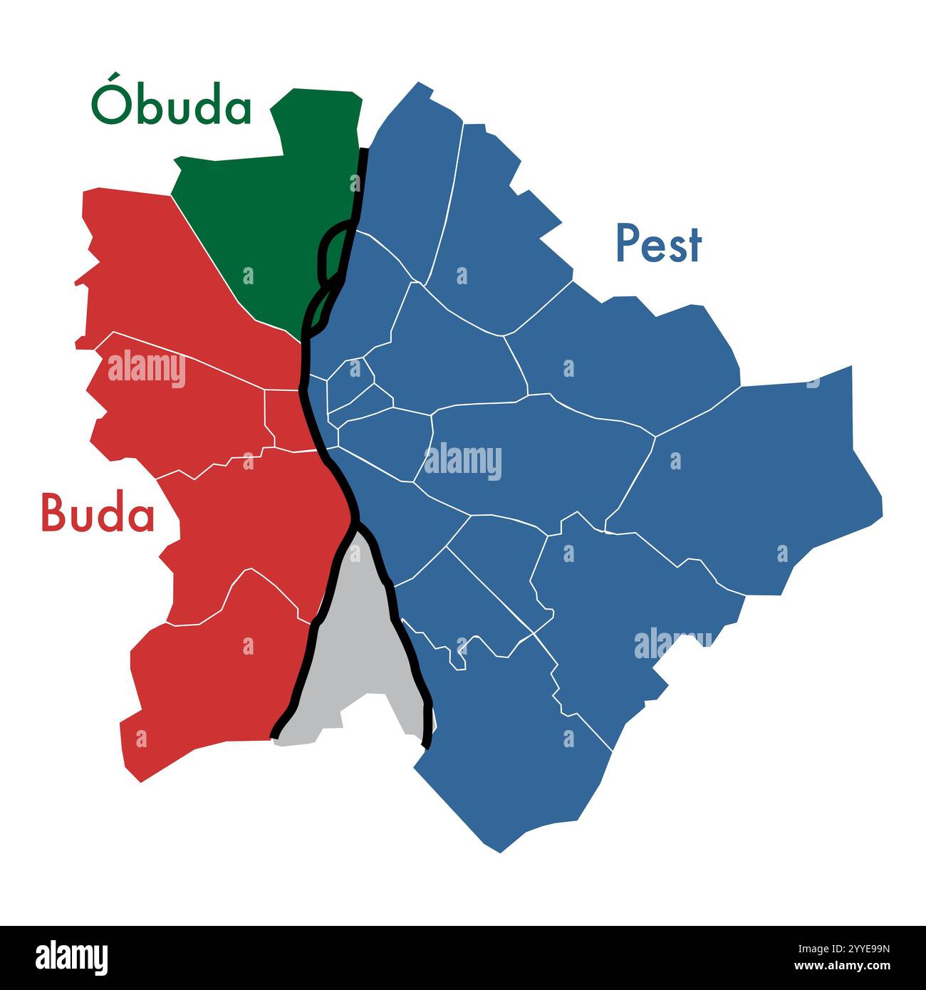 Map of the thee cities that comprise Budapest: Buda, Obuda and Pest ...