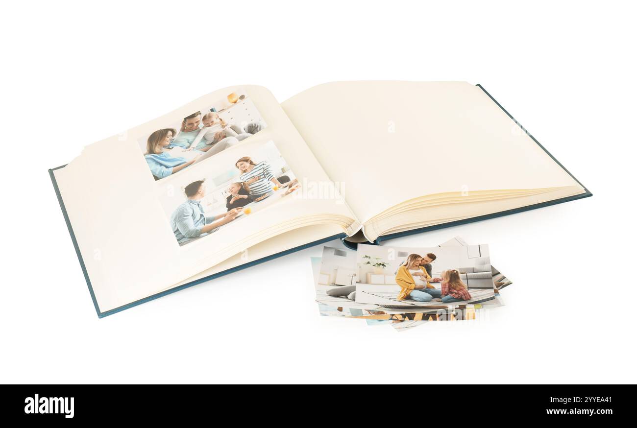 Open photo album with different photos isolated on white Stock Photo ...