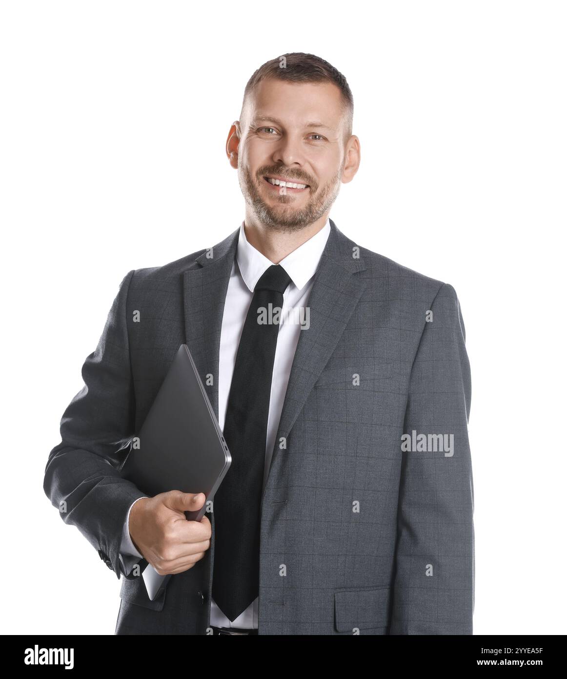Portrait of banker with laptop on white background Stock Photo - Alamy