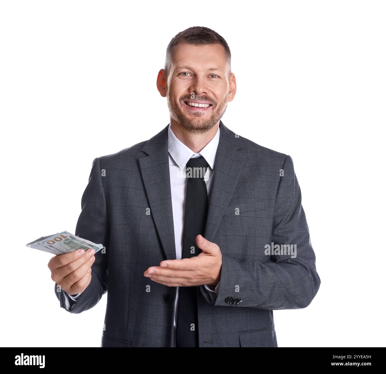Banker with dollar banknotes on white background Stock Photo - Alamy