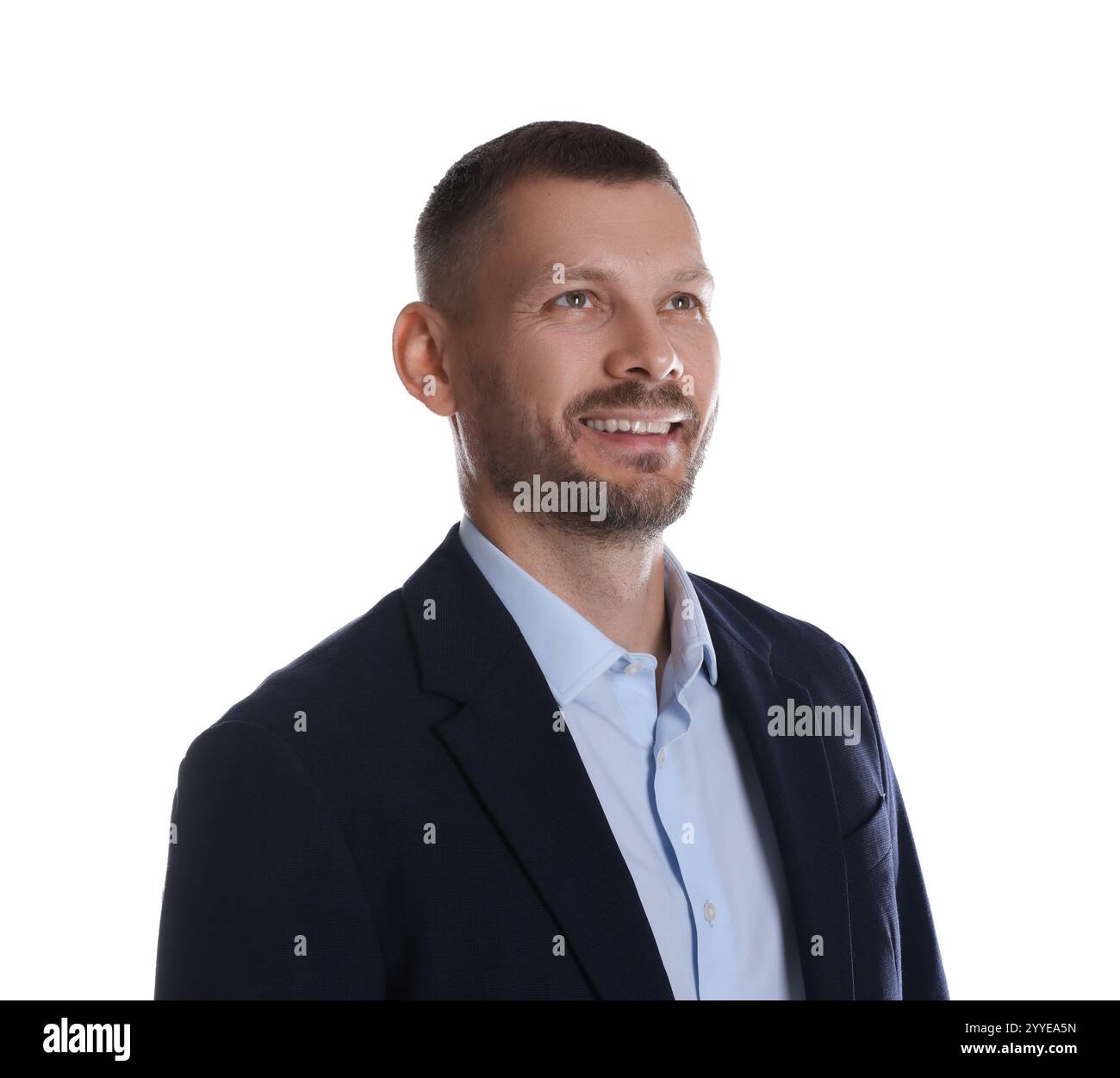 Portrait of happy banker on white background Stock Photo - Alamy