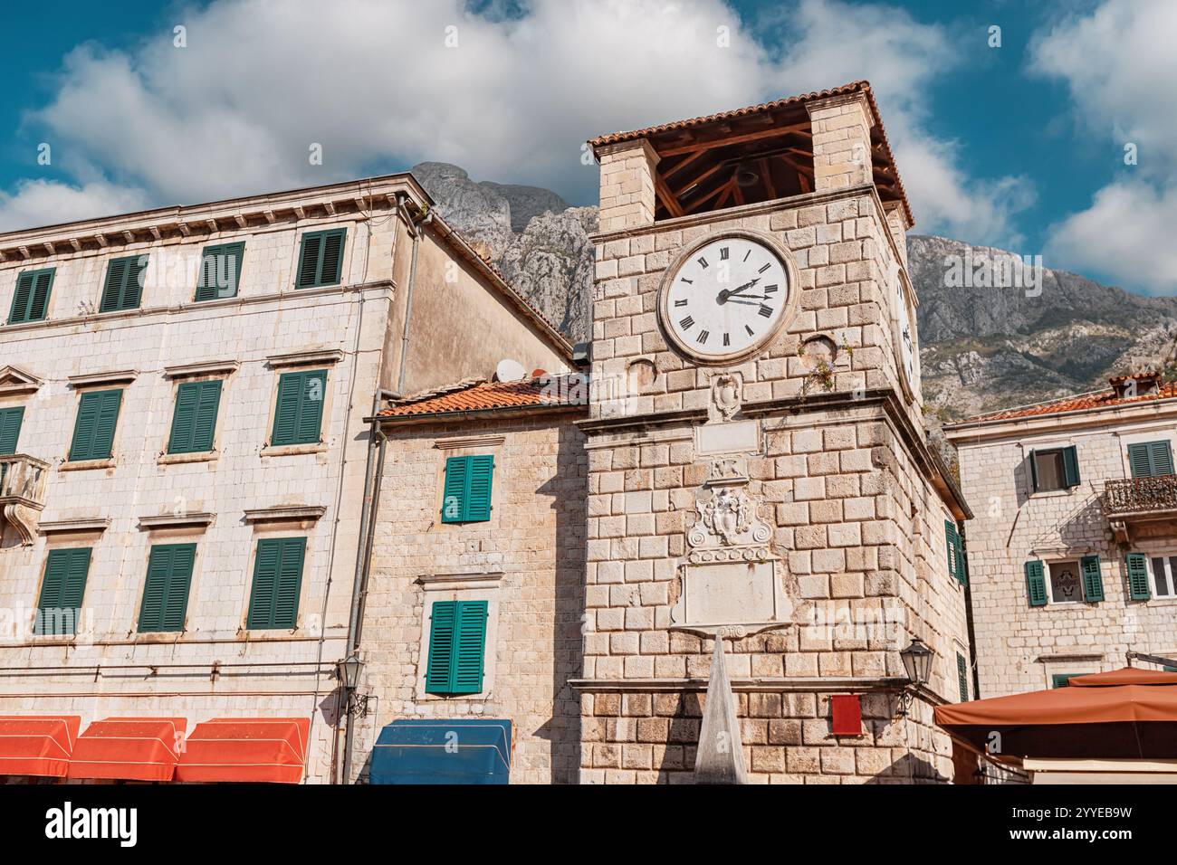 Ancient clock tower standing tall in the heart of Kotor historic ...
