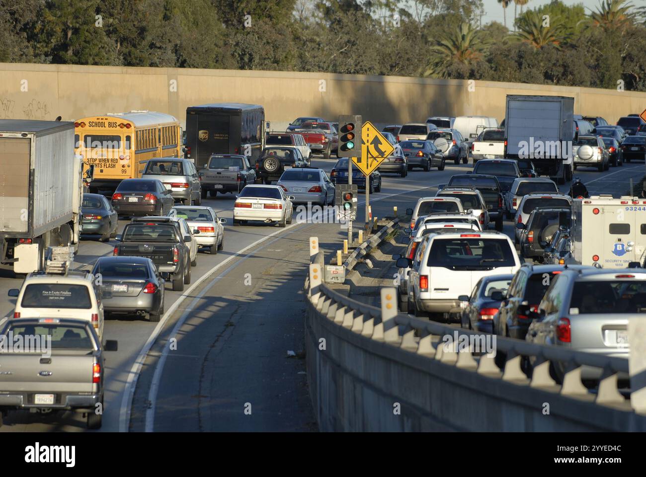 Evening rush hour in Los Angeles shows heavy traffic with cars, trucks ...