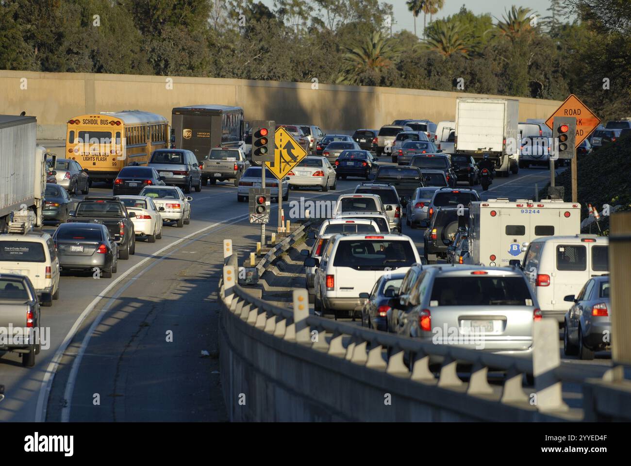 Evening rush hour in Los Angeles shows heavy traffic with cars, trucks ...