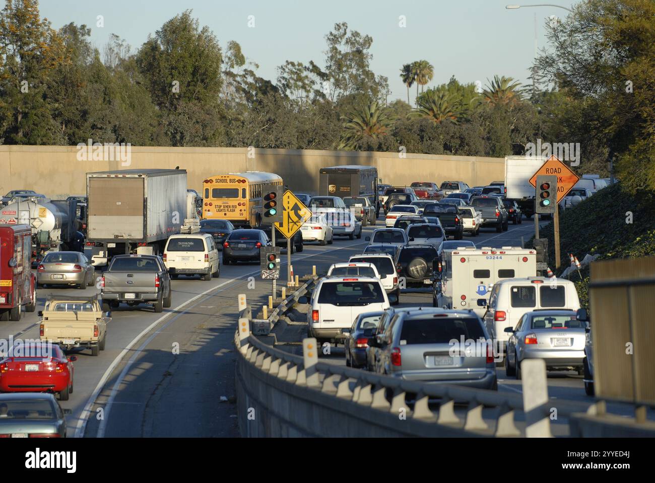 Evening rush hour in Los Angeles shows heavy traffic with cars, trucks ...