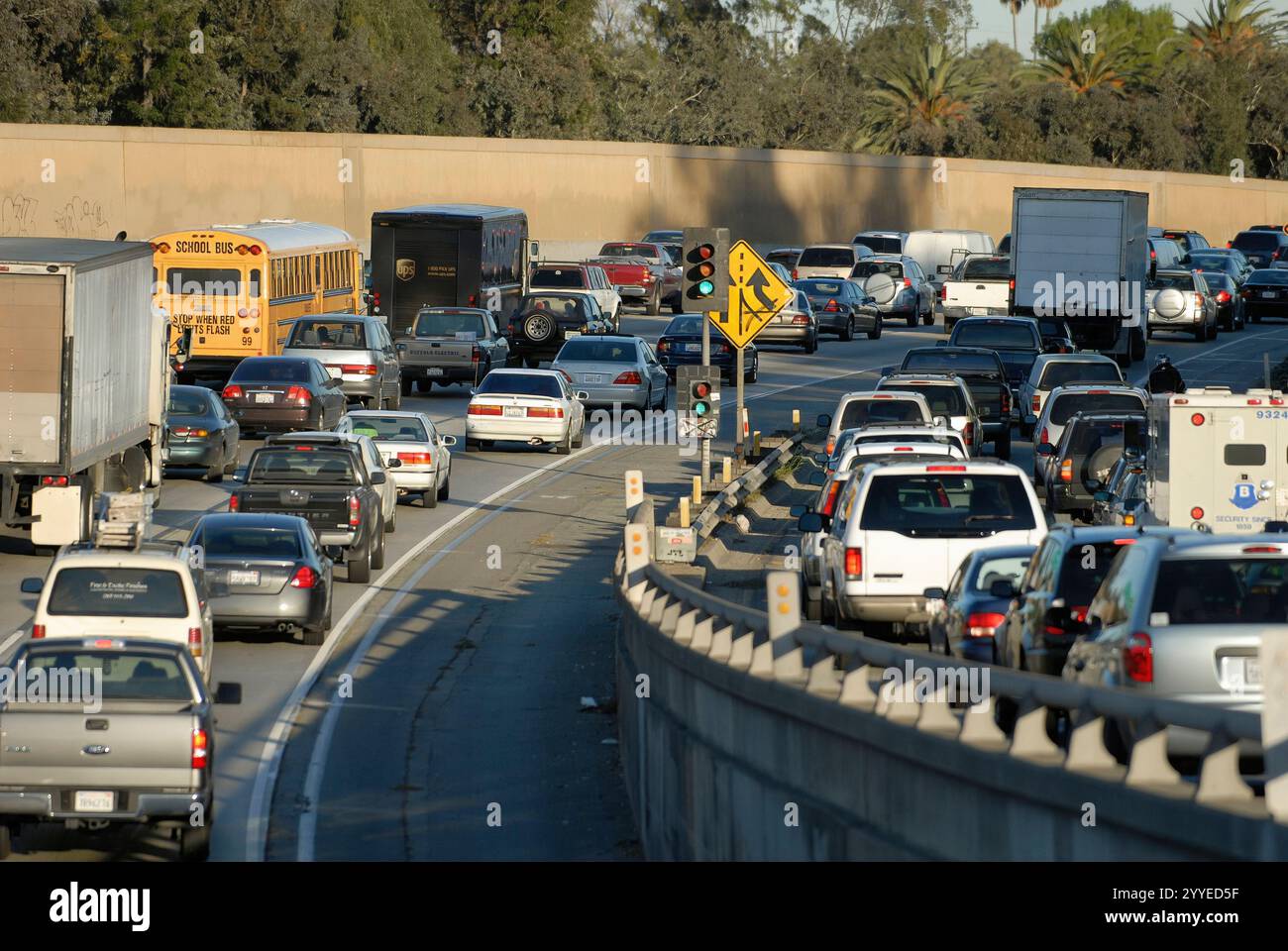 Evening rush hour in Los Angeles shows heavy traffic with cars, trucks ...