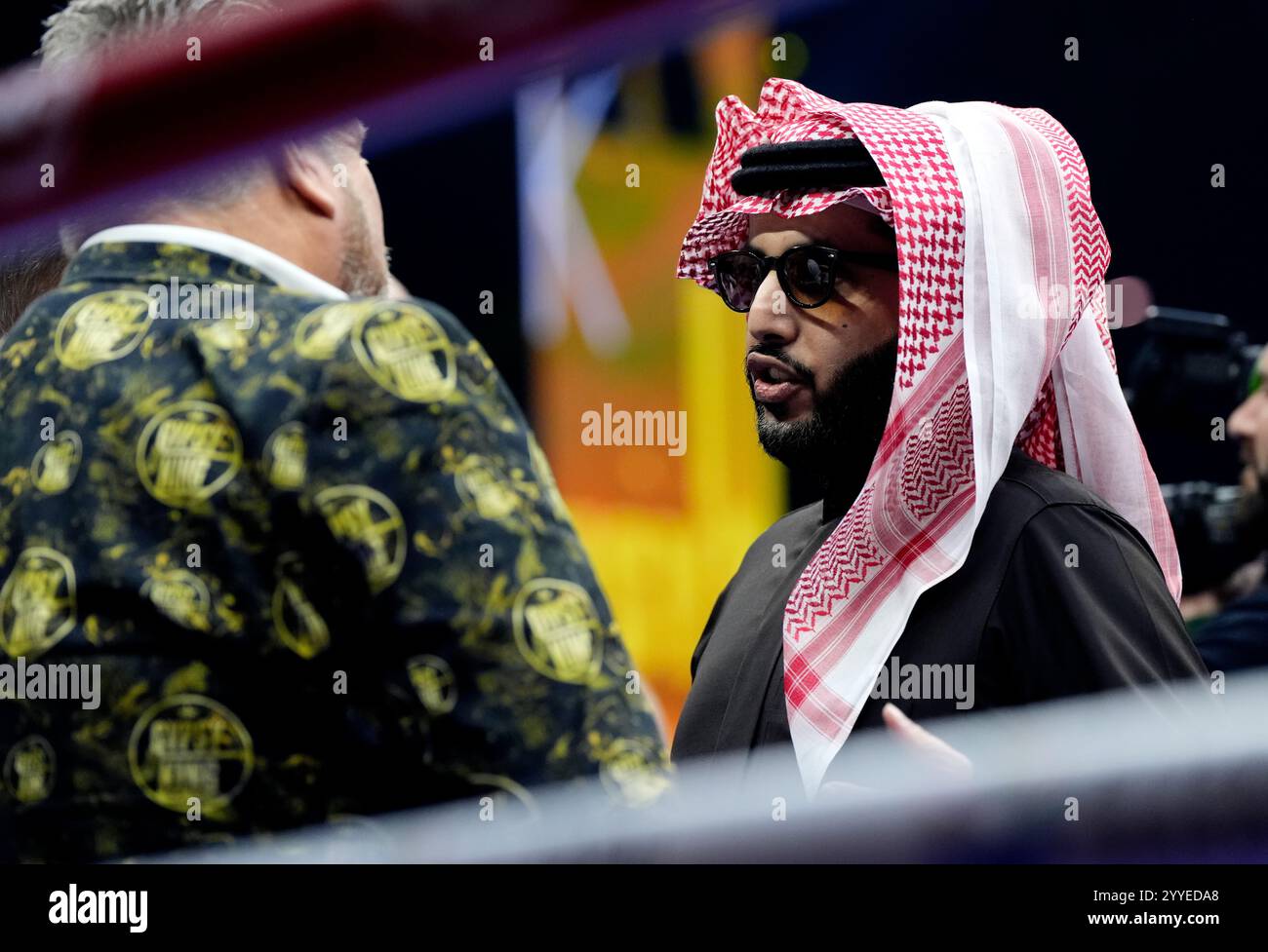 Turki Al-Sheikh speaking with Spencer Brown, the manager of Tyson Fury ...