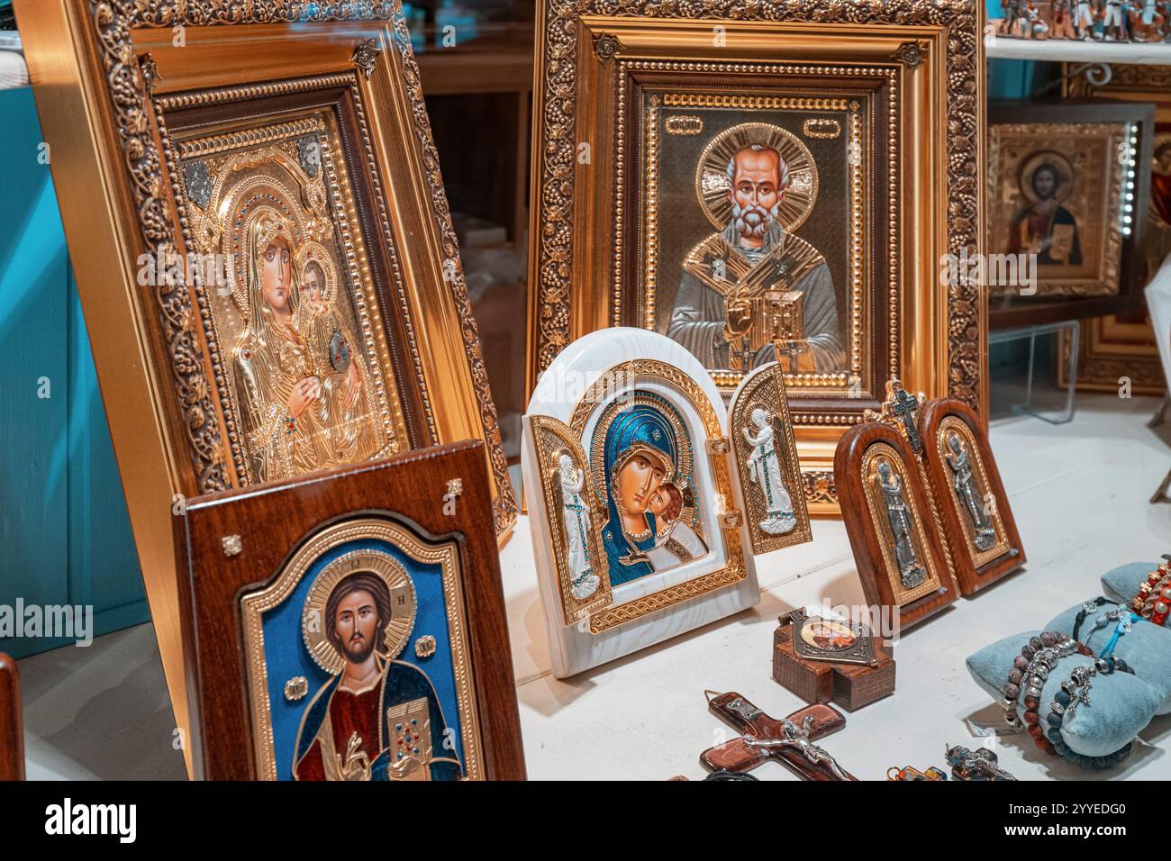 25 October 2024, Kotor, Montenegro: Various framed religious icons and ...