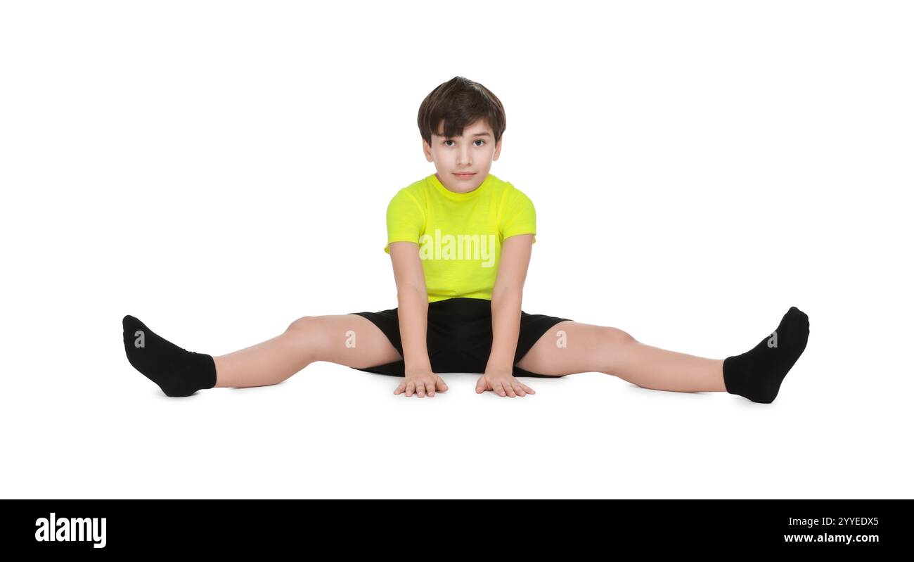 Boy doing exercise on white background. Sport activity Stock Photo - Alamy