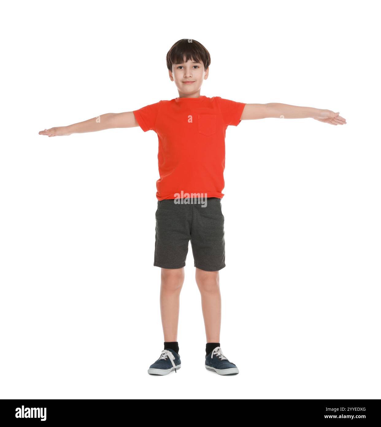 Boy doing exercise on white background. Sport activity Stock Photo - Alamy