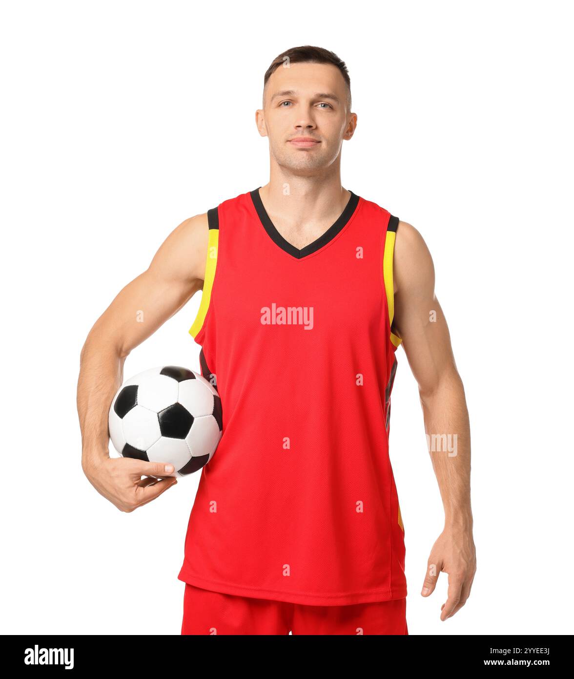 Football player with soccer ball on white background Stock Photo - Alamy