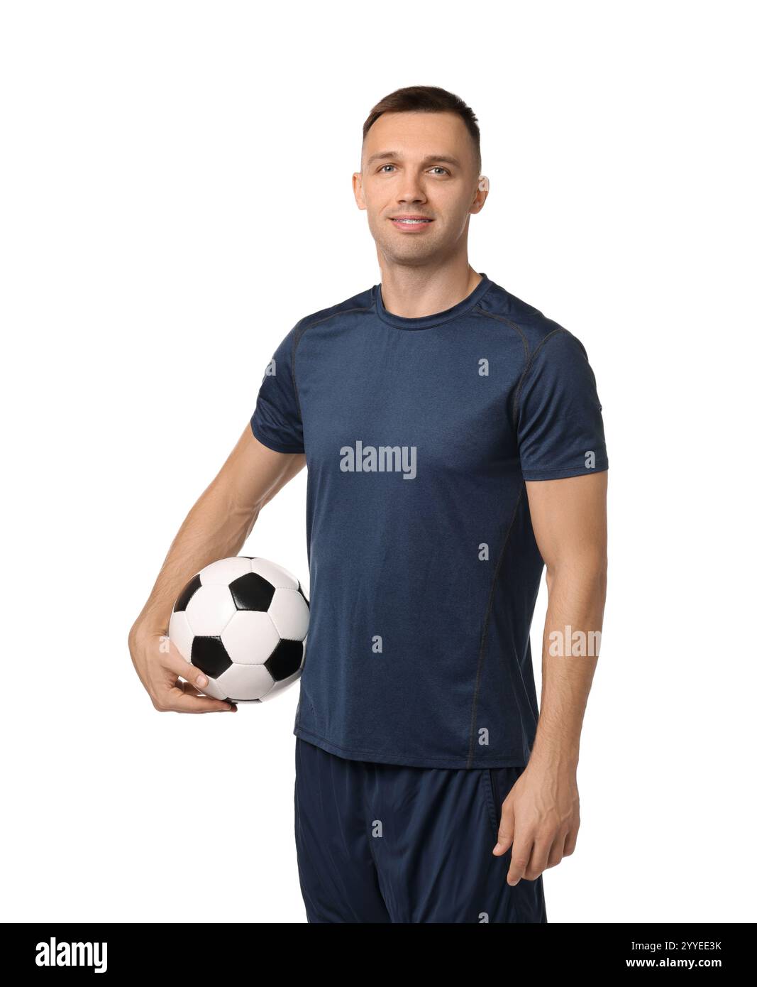 Smiling football player with soccer ball on white background Stock ...