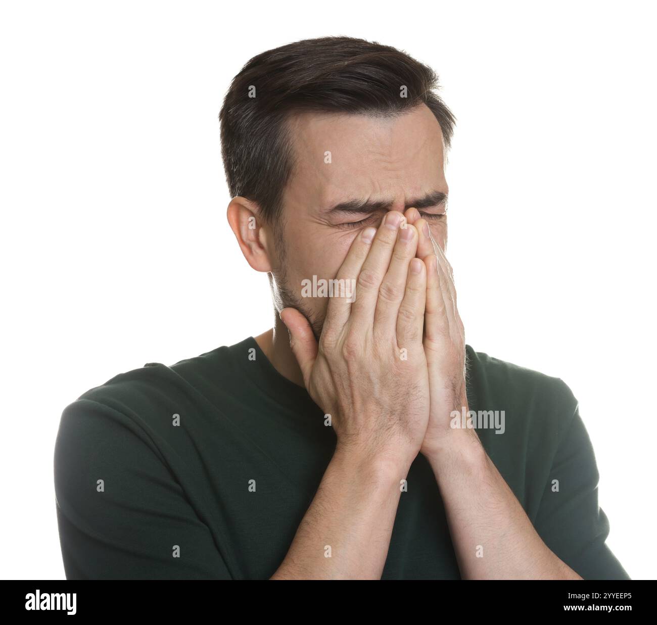 Portrait of sad man crying on white background Stock Photo - Alamy