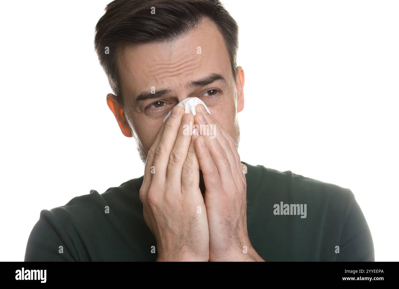 Sad man with paper tissue crying on white background Stock Photo - Alamy