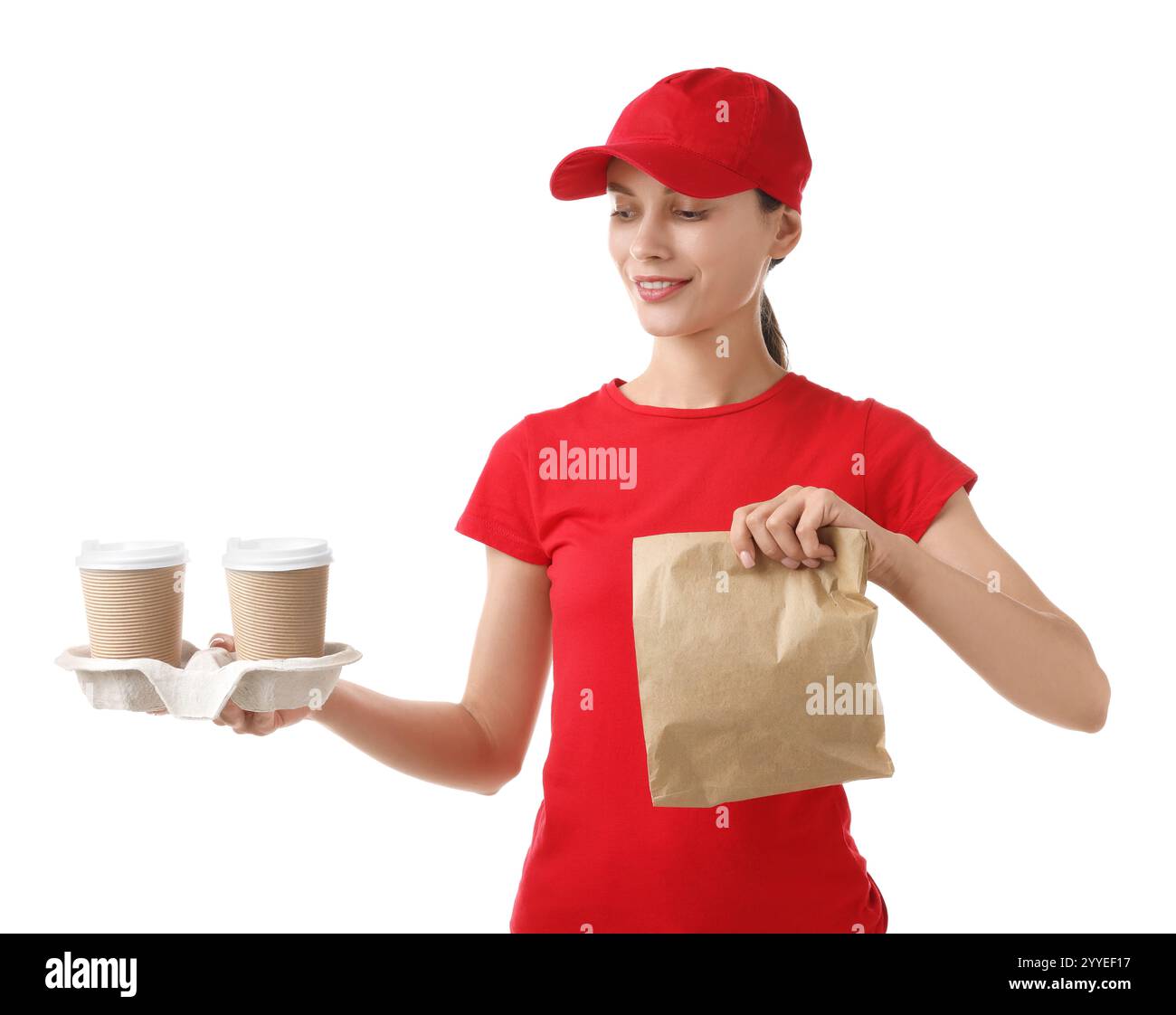 Fast-food worker with paper cups and bag on white background Stock ...