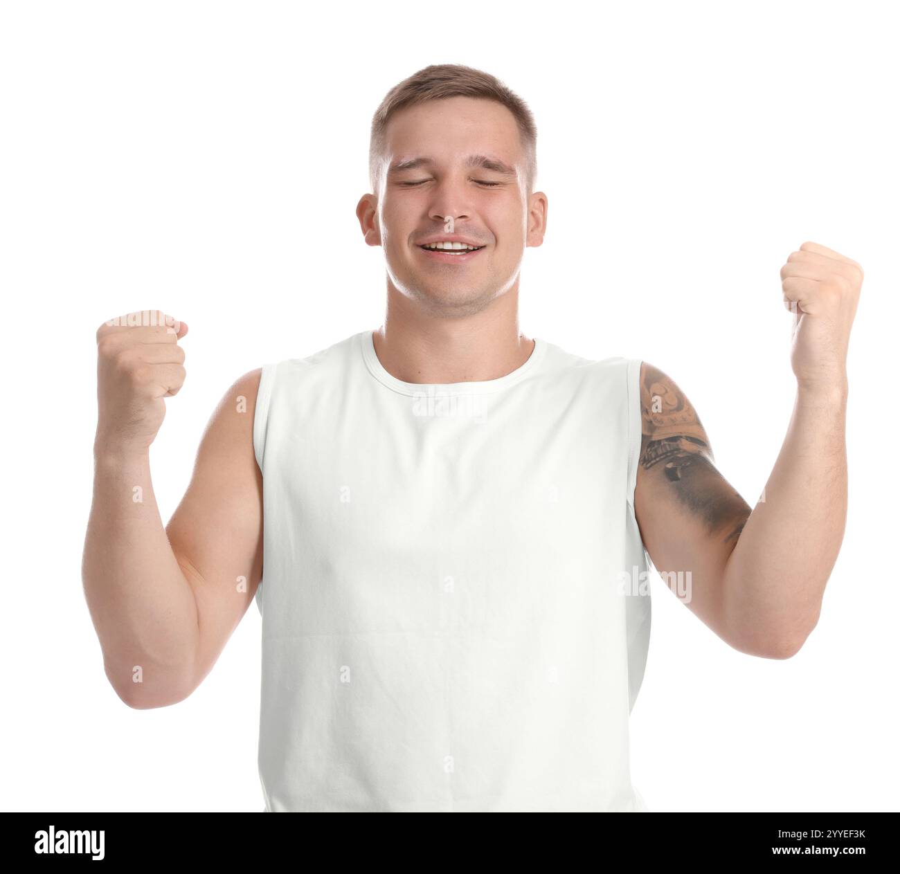 Portrait of happy winner on white background Stock Photo - Alamy