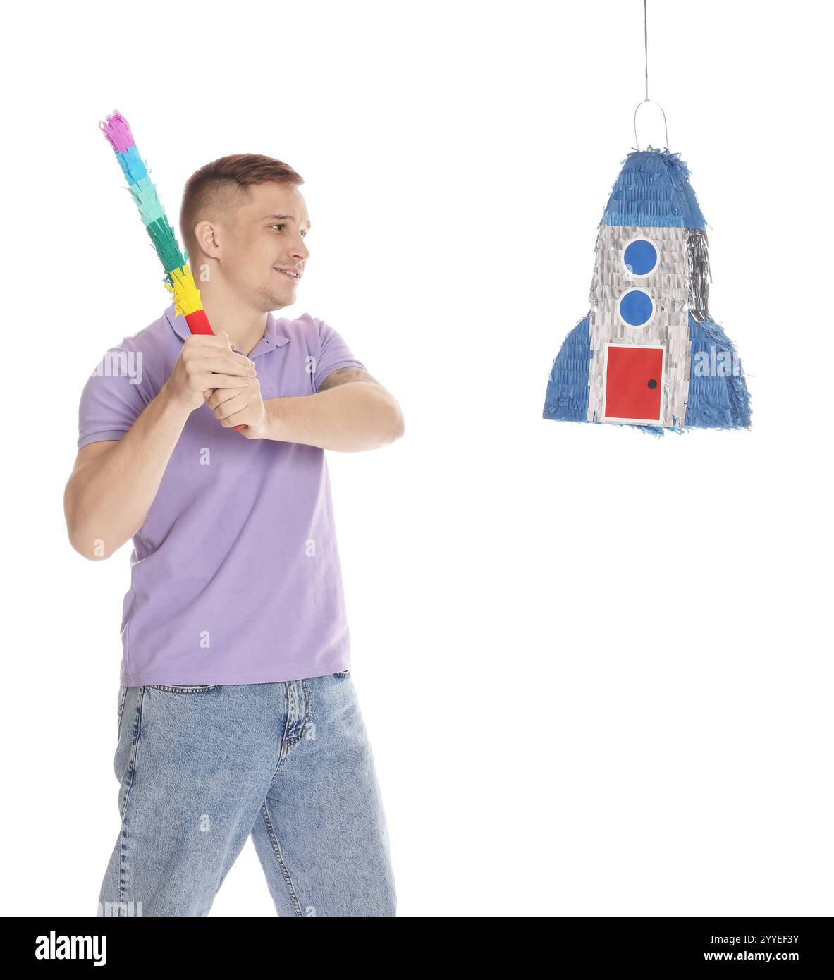 Happy man breaking pinata on white background Stock Photo - Alamy