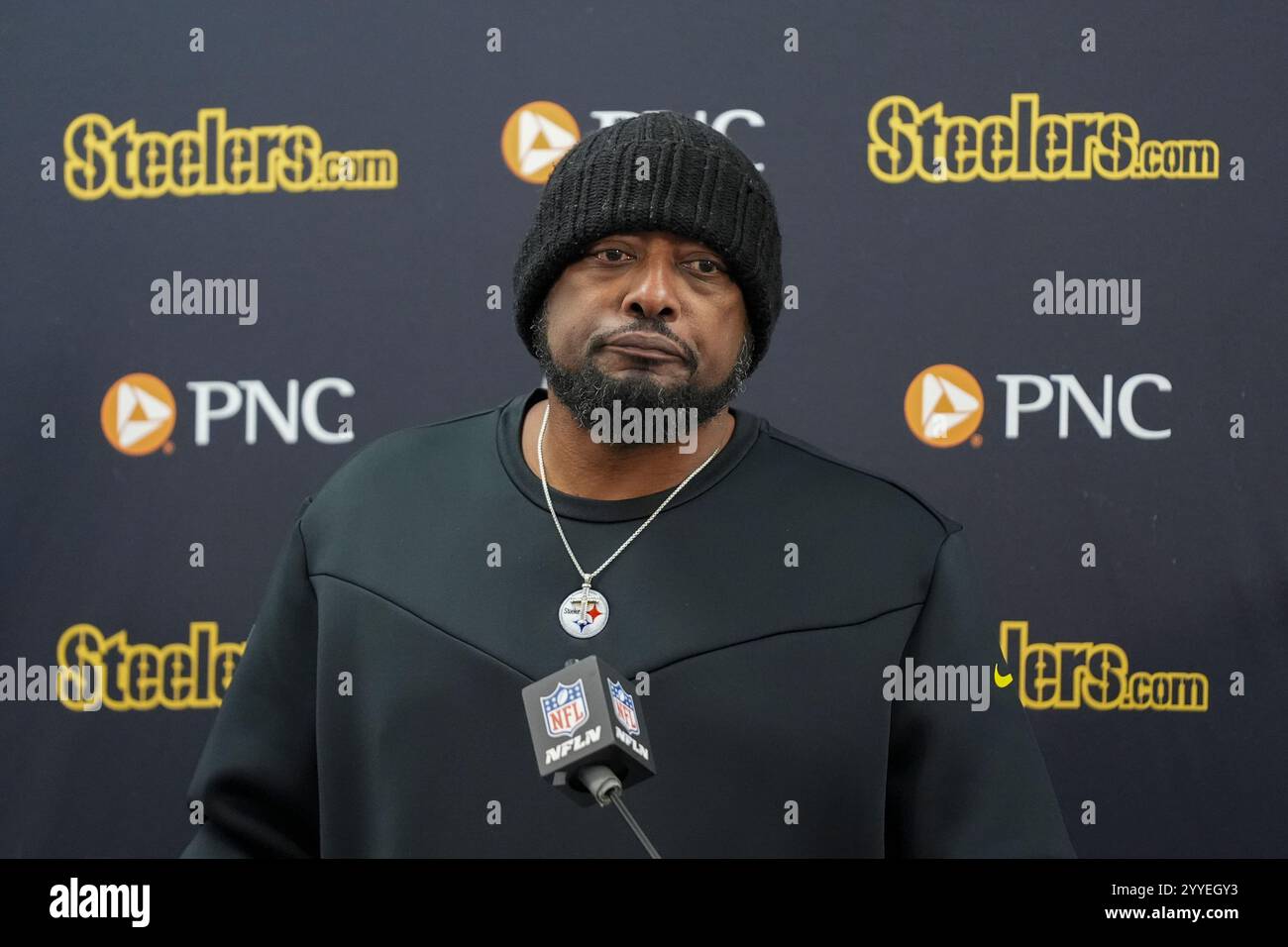 Pittsburgh Steelers head coach Mike Tomlin talks to reporters following ...