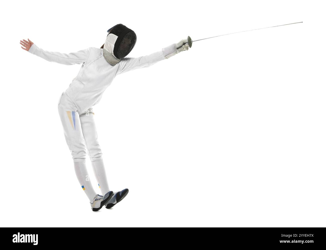 Fencer with epee practicing on white background Stock Photo - Alamy