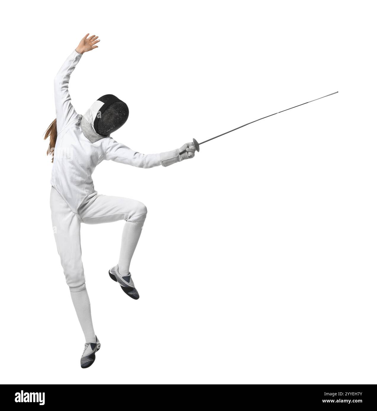 Fencer with epee practicing on white background Stock Photo - Alamy