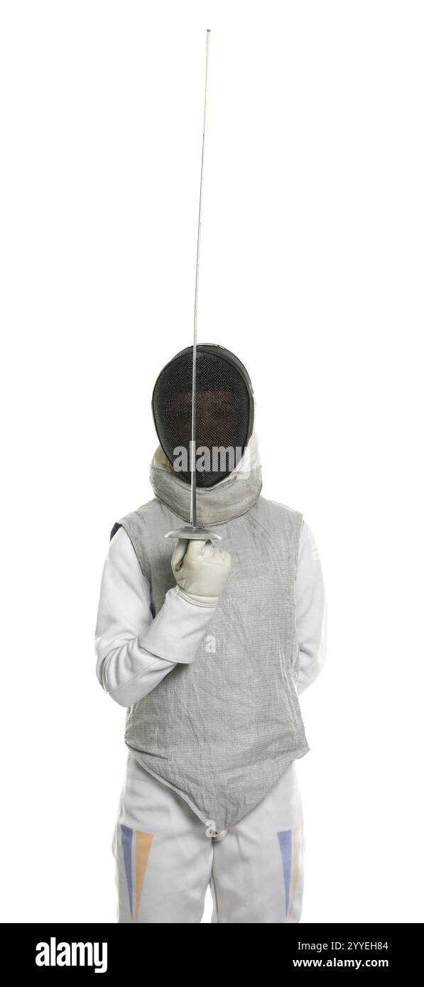 Fencer with epee on white background. Combat sport Stock Photo - Alamy