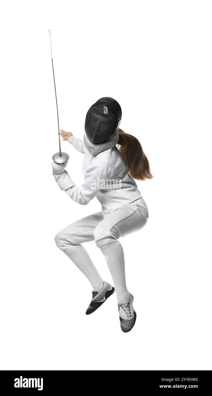 Fencer with epee practicing on white background Stock Photo - Alamy