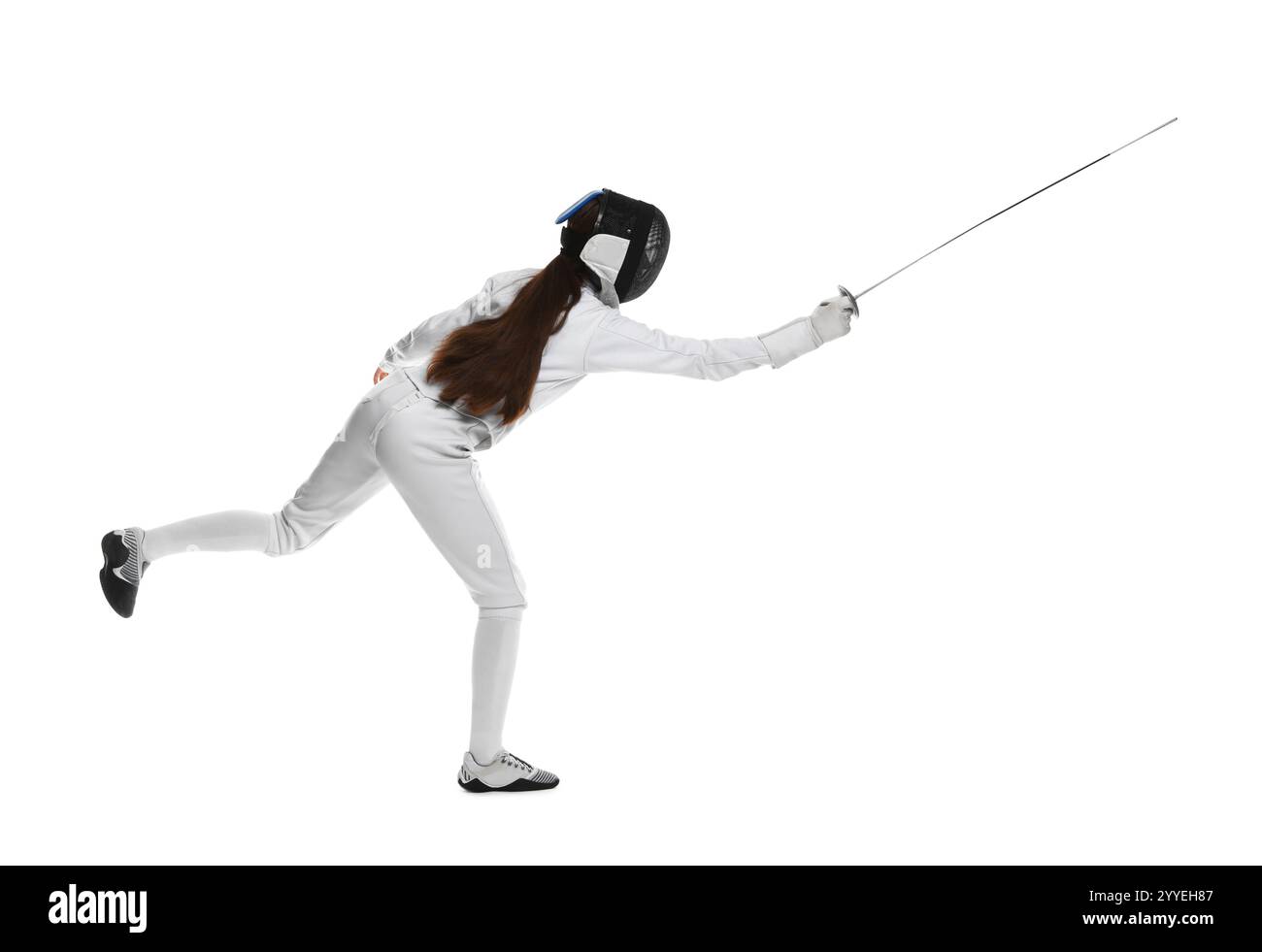 Fencer with epee practicing on white background Stock Photo - Alamy