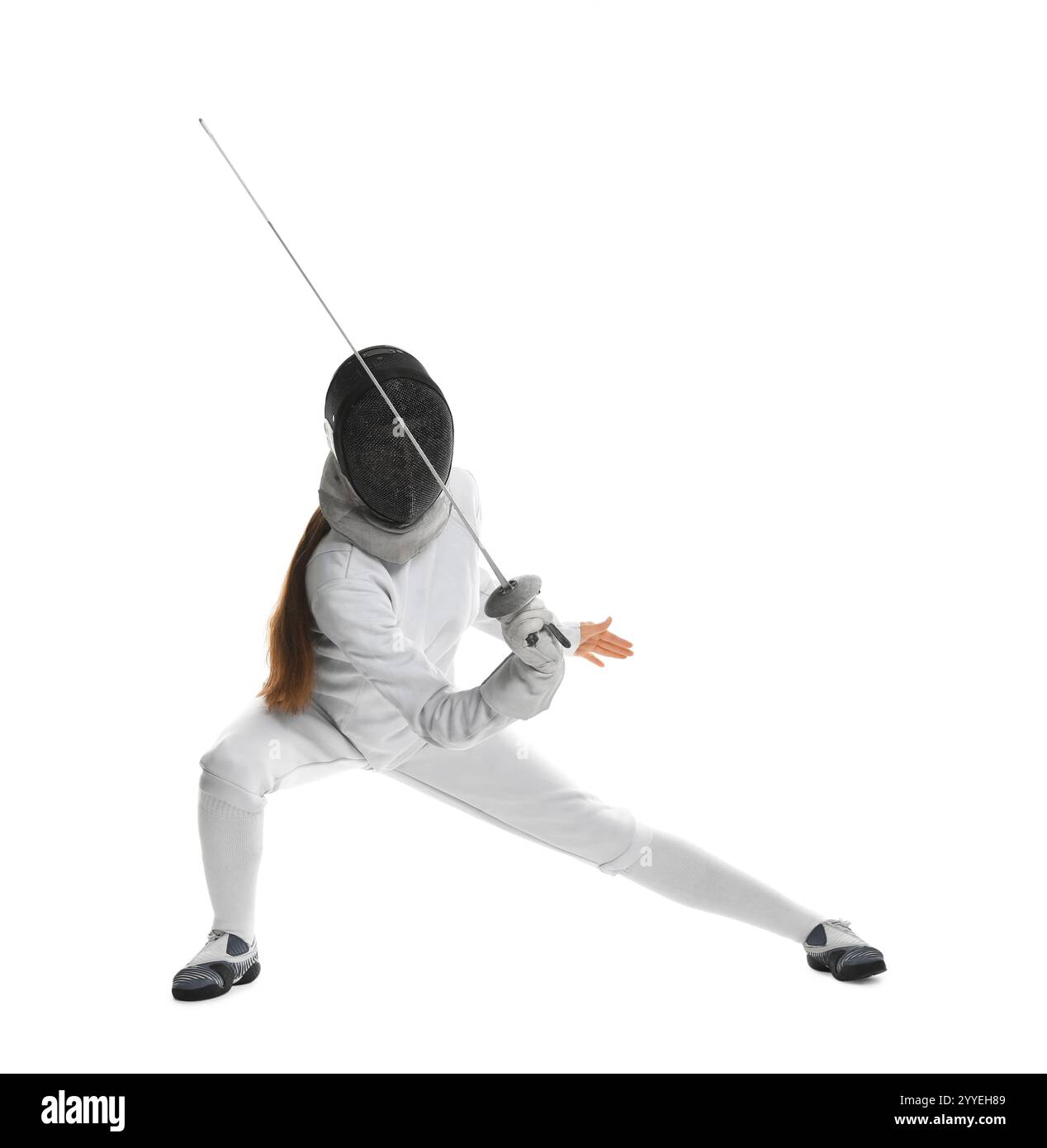 Fencer with epee practicing on white background Stock Photo - Alamy