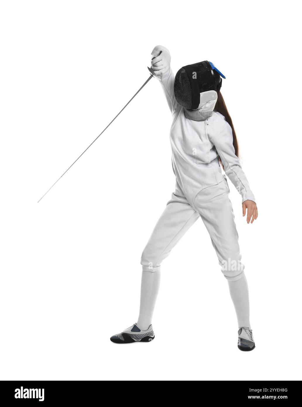 Fencer with epee practicing on white background Stock Photo - Alamy