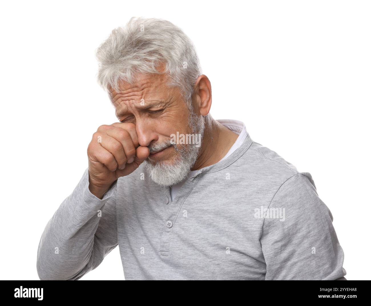 Sad senior man crying on white background Stock Photo - Alamy