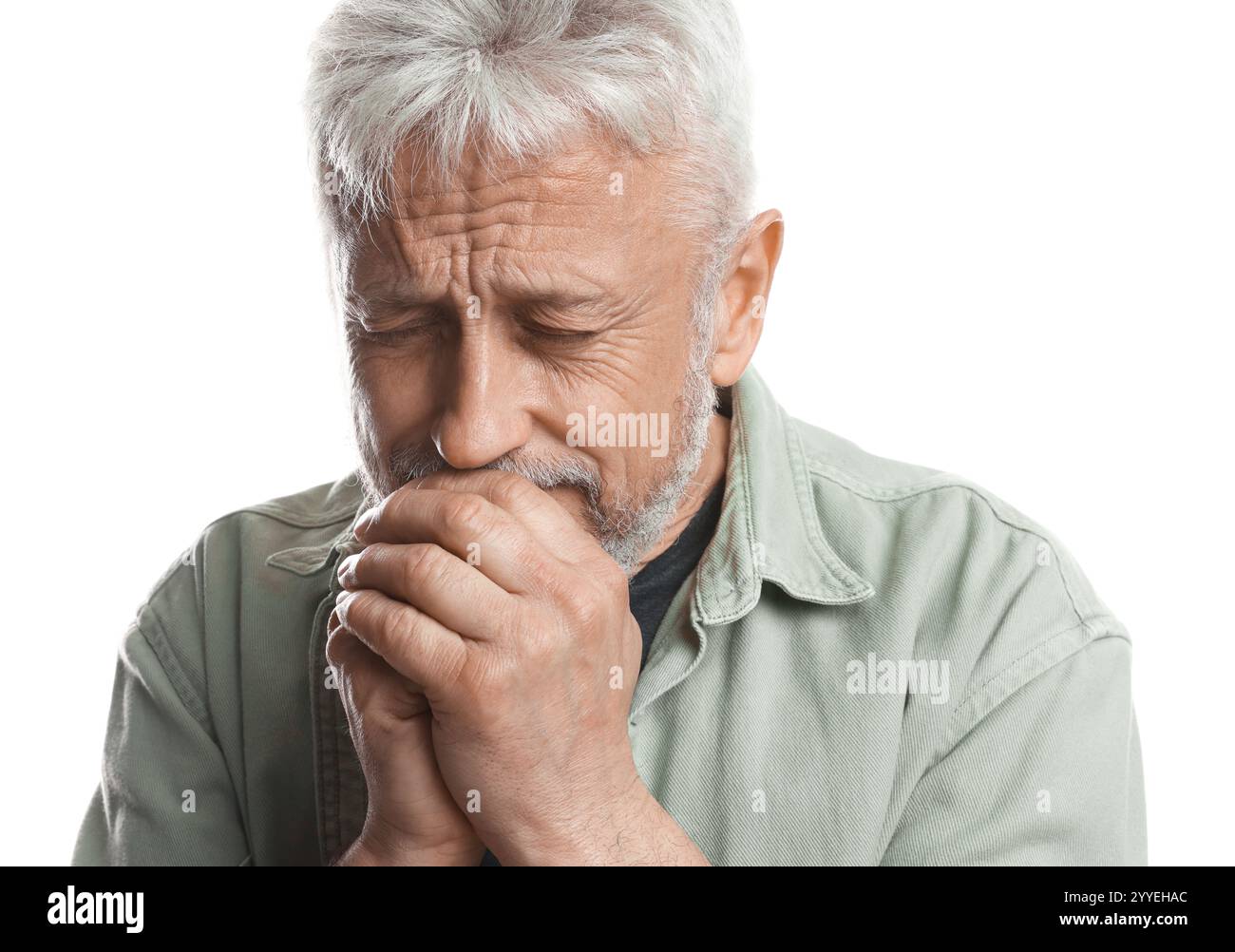 Sad senior man crying on white background Stock Photo - Alamy
