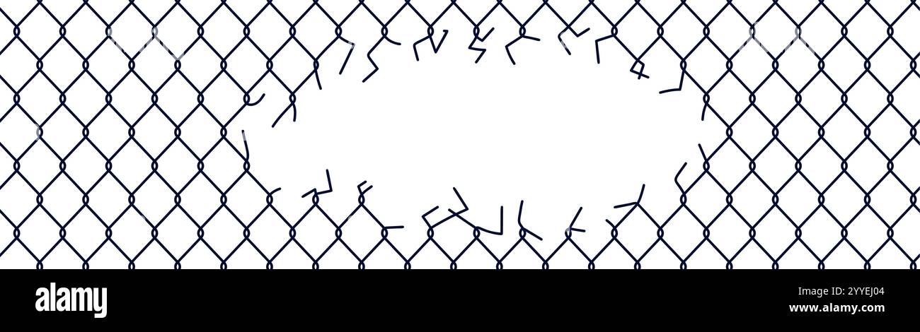 Broken chainlink fence with ripped wire and barbed mesh. Old metal ...