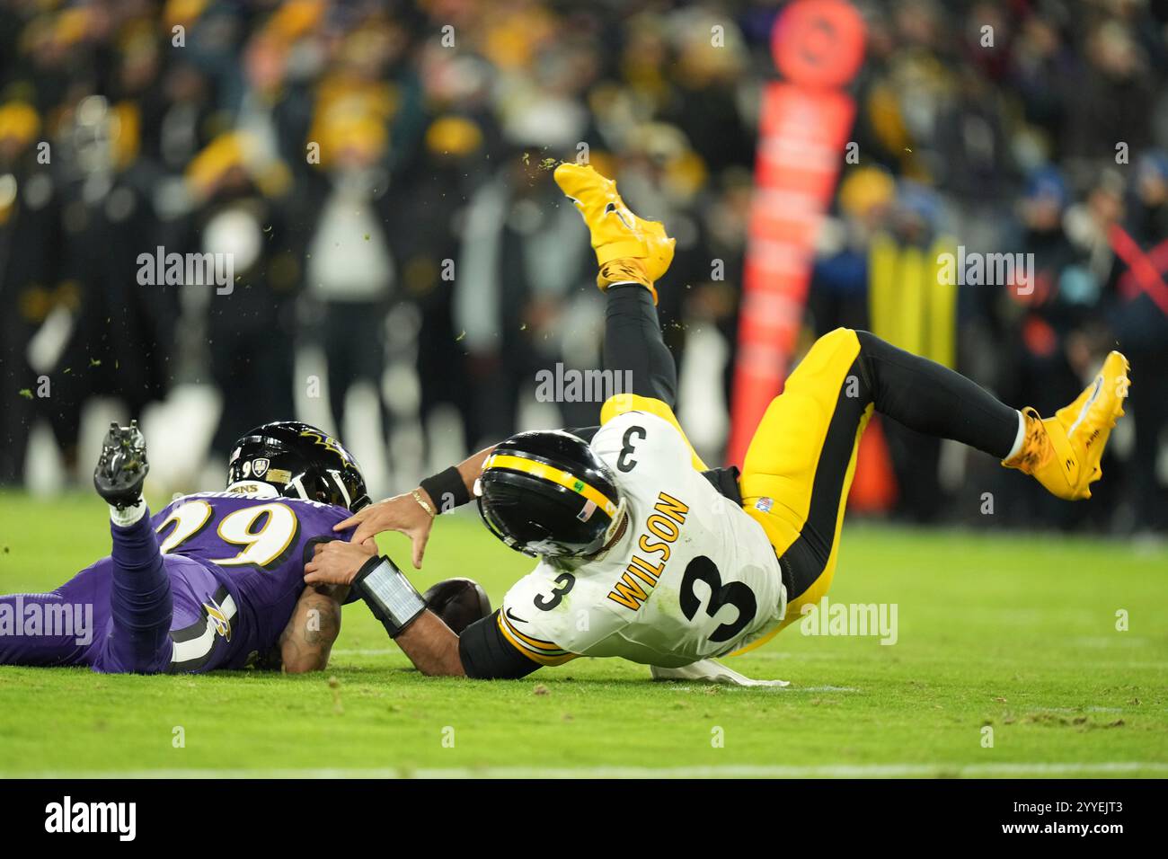 Pittsburgh Steelers quarterback Russell Wilson (3) fumbles the ball ...