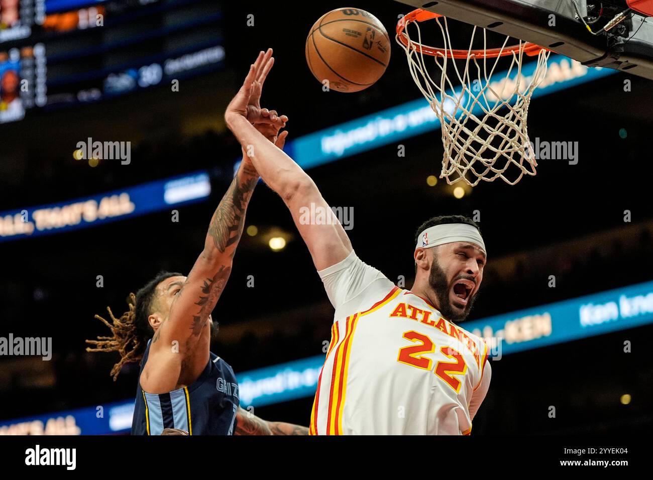 Atlanta Hawks forward Larry Nance Jr. (22) blocks a shot by Memphis ...