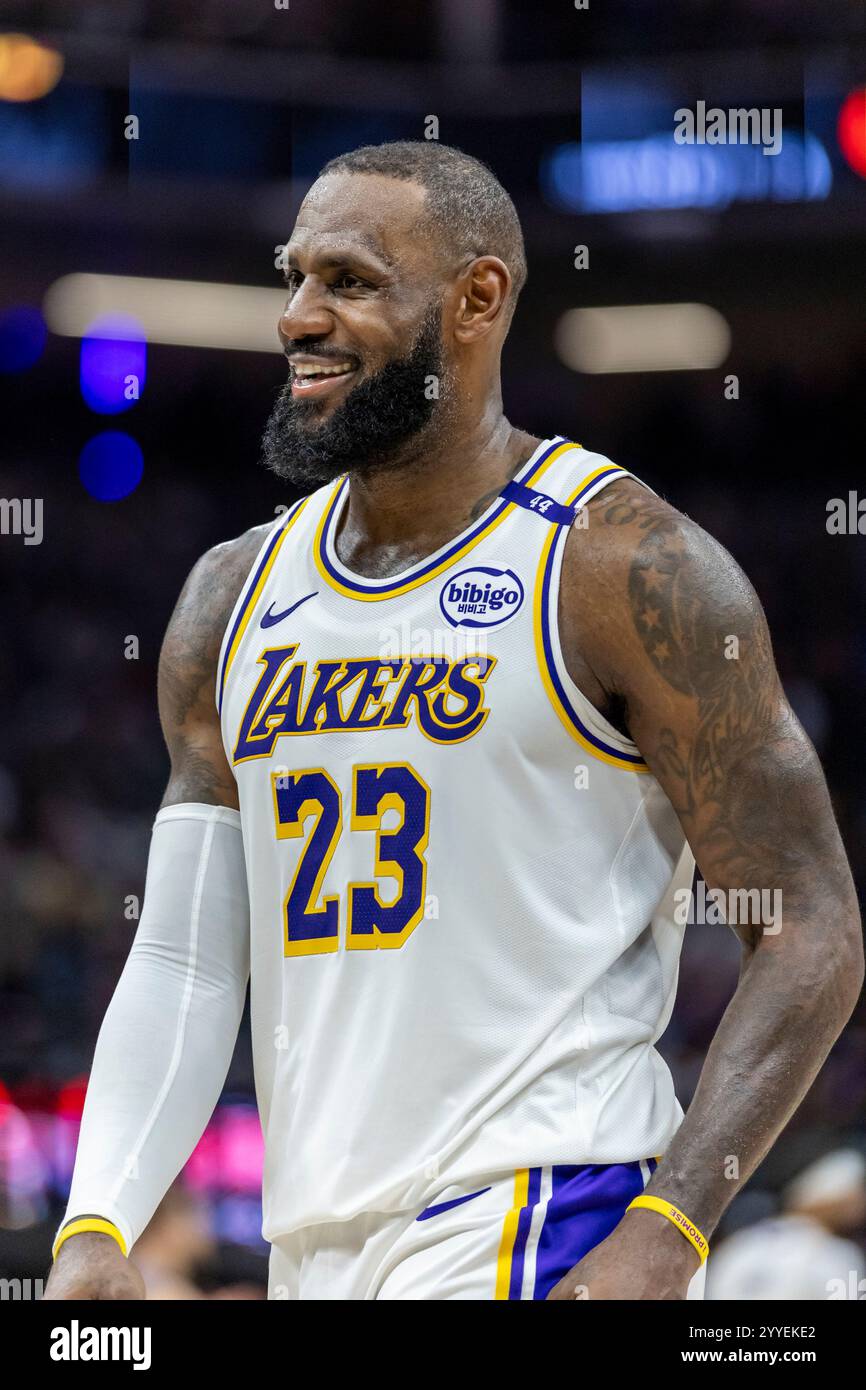 Los Angeles Lakers forward LeBron James smiles after a teammate makes a ...