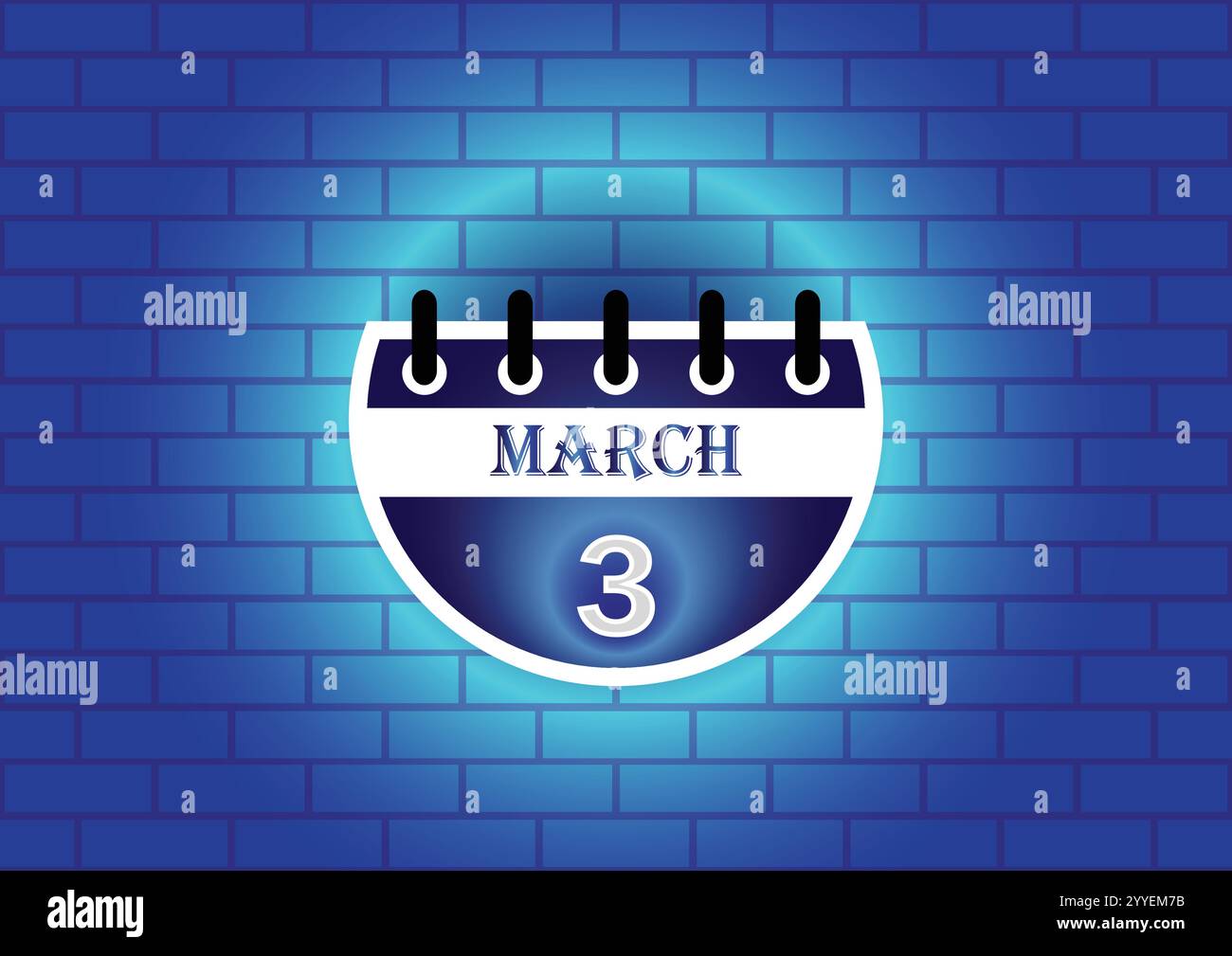 March 3 calendar sign on blue neon brick wall background. Flat design ...
