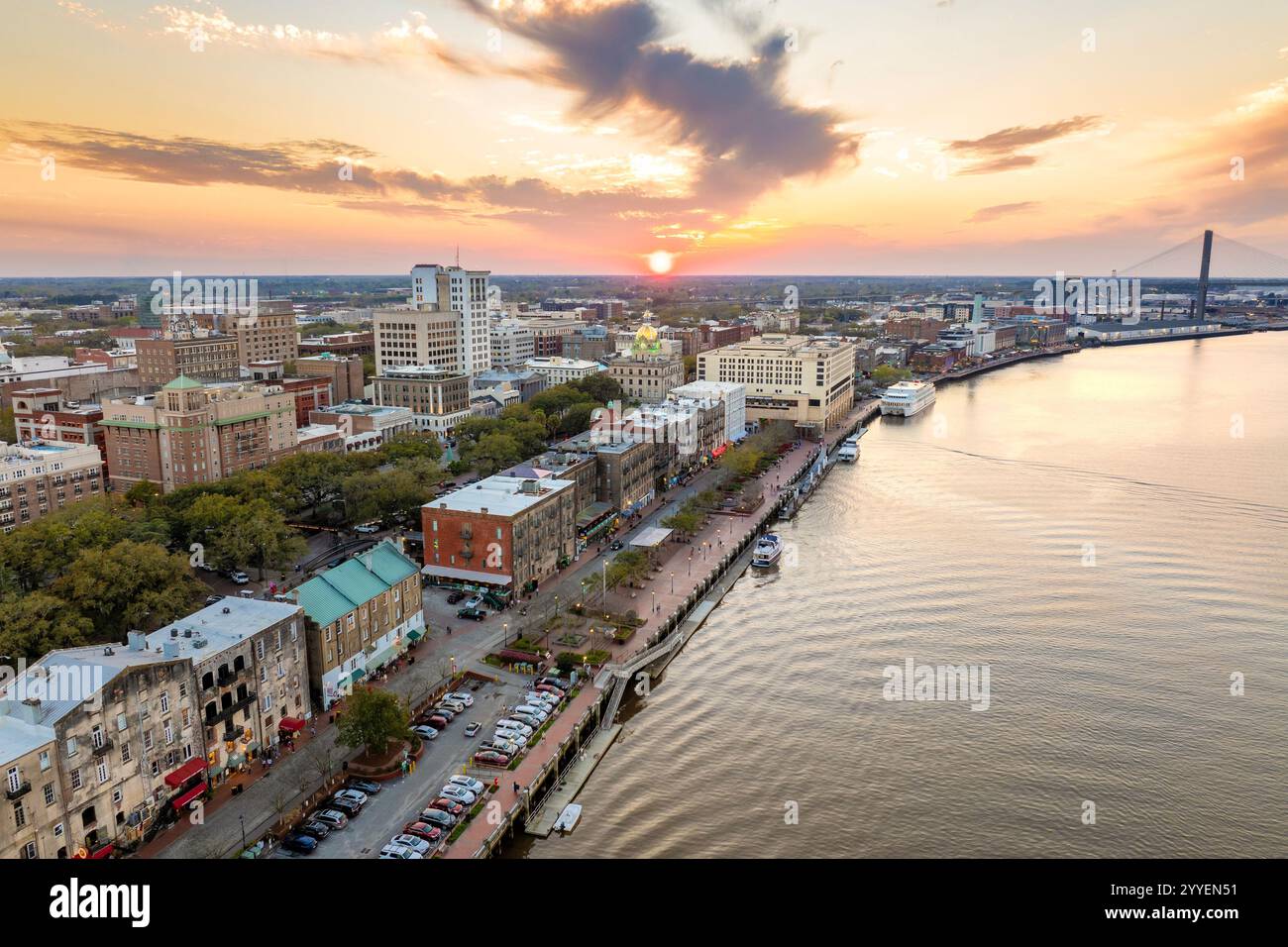 Aerial view of Savannah, old historical city in Georgia. River Street ...