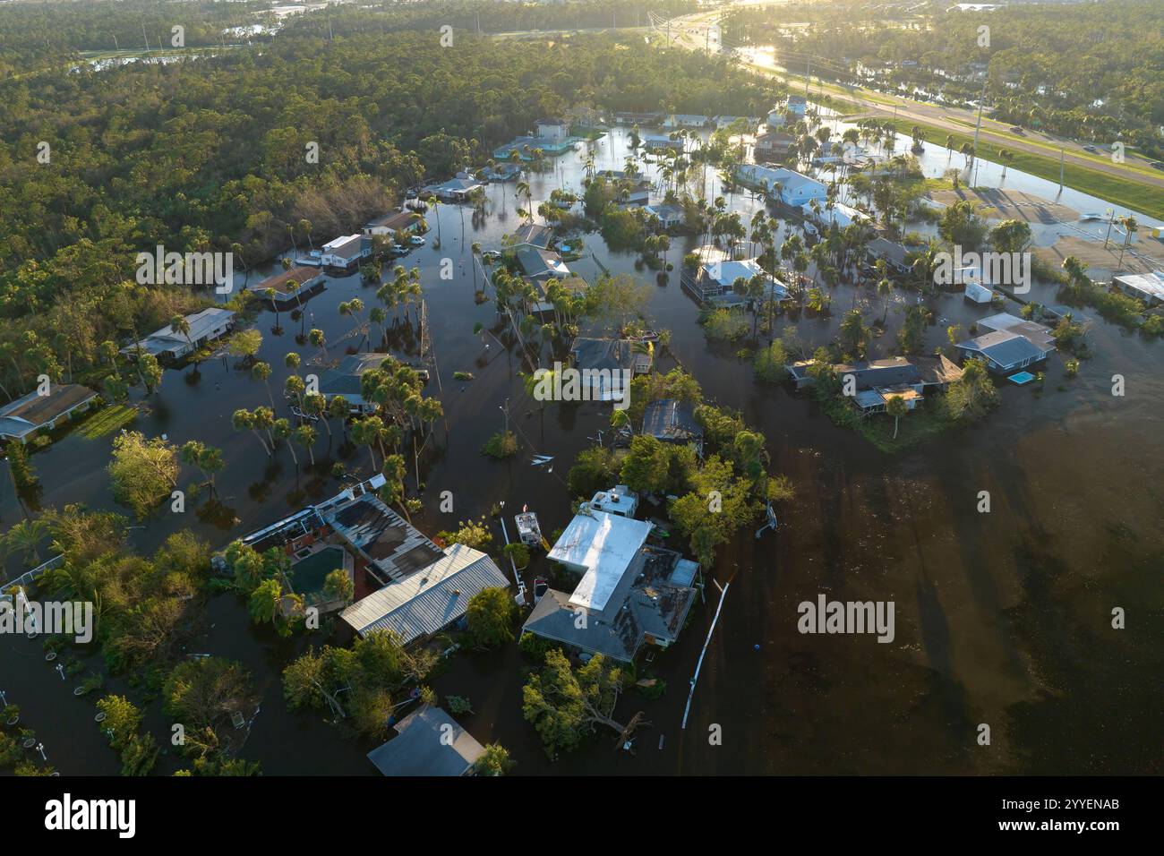 Aftermath of natural disaster. Surrounded by hurricane rainfall flood ...