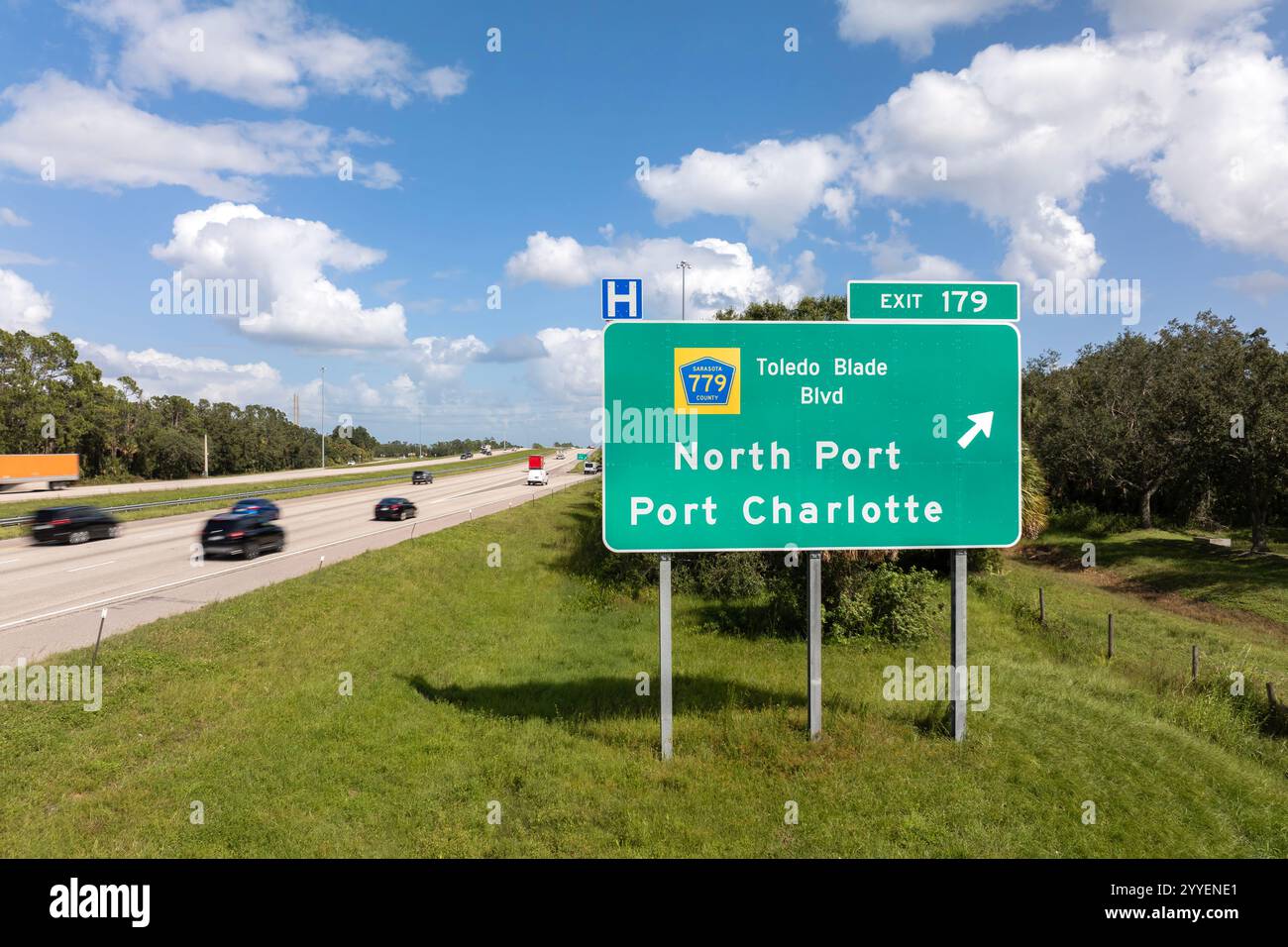 American freeway exit sign in Florida. I-75 highway junction with ...