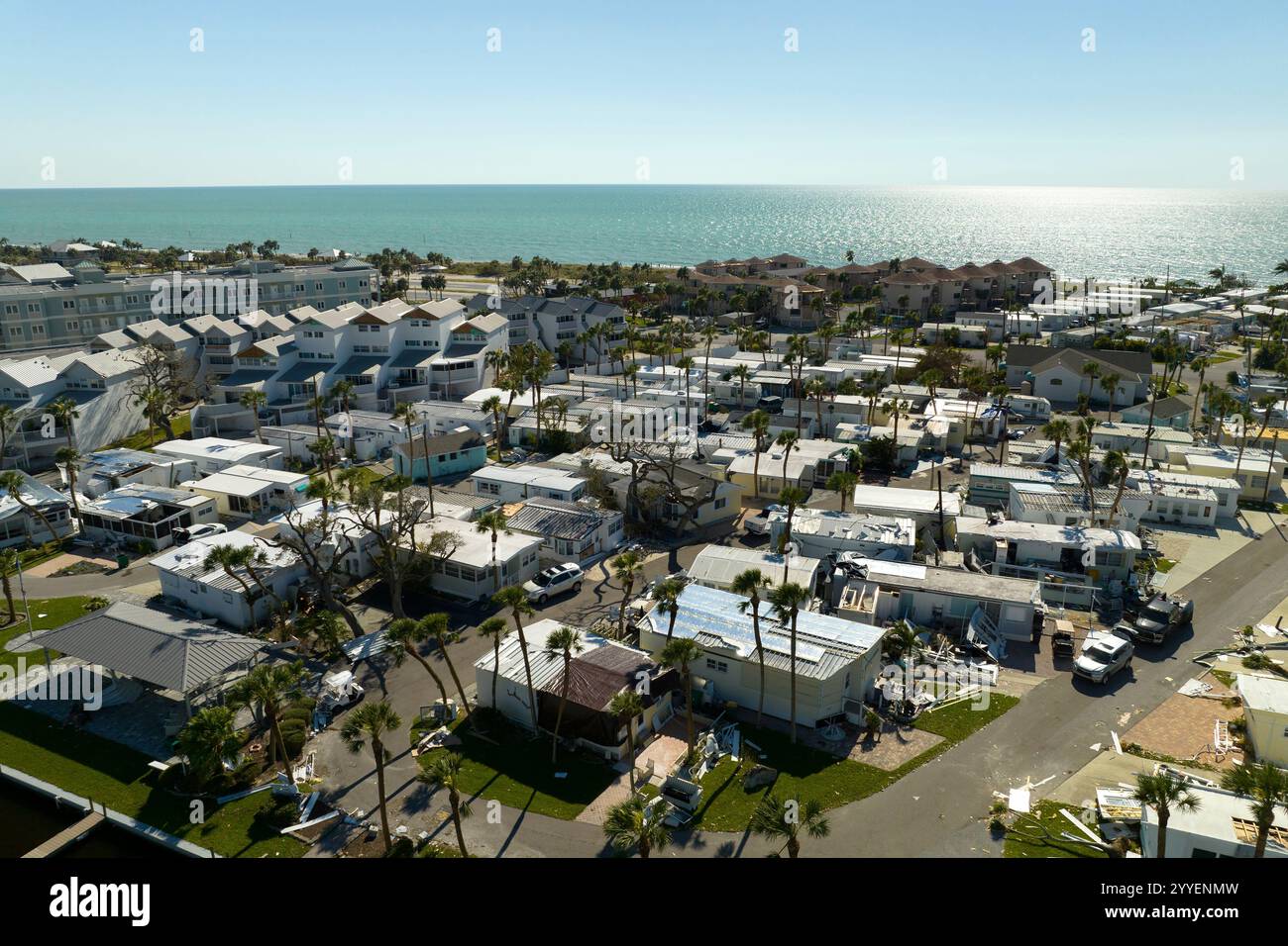 Collapsed and damaged mobile homes after hurricane Ian swept through ...