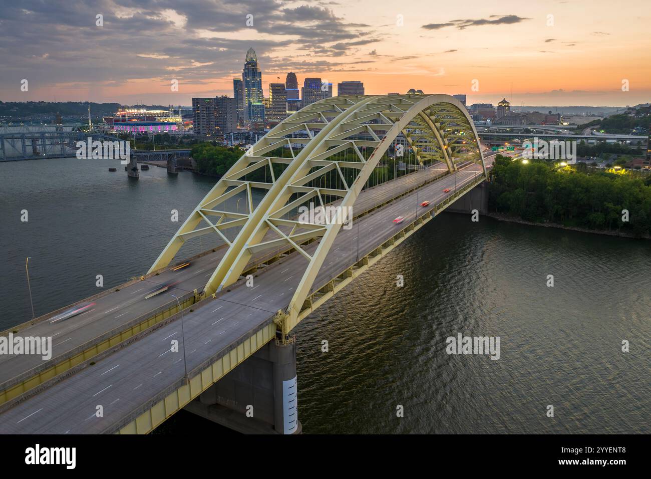 Daniel Carter Bridge in Cincinnati city, Ohio, USA with highway traffic ...