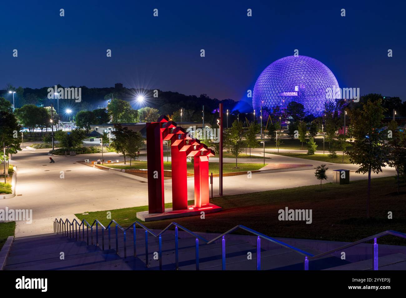 Montreal Biosphere illuminated at night. Jean-Drapeau park, Saint ...