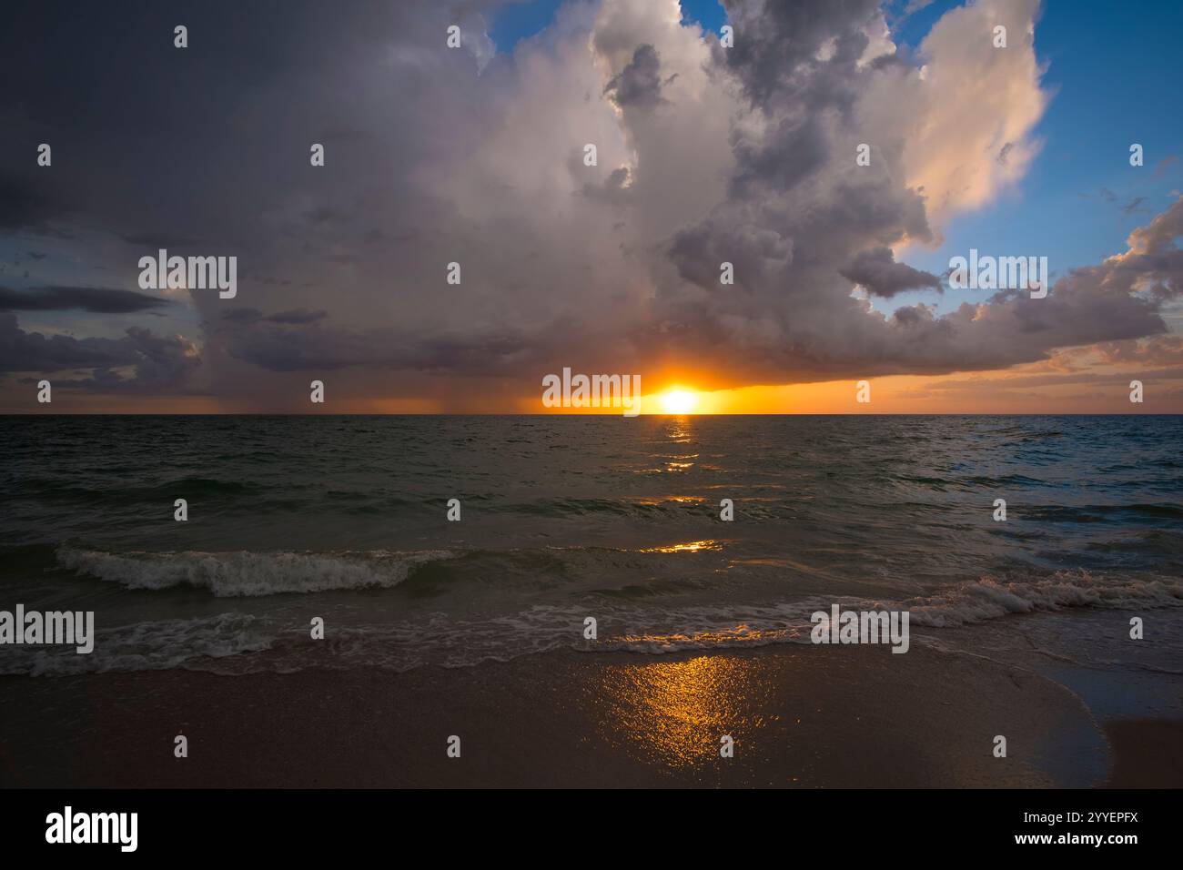 Sunset landscape of dark ominous rainstorm with lightning and thunder ...