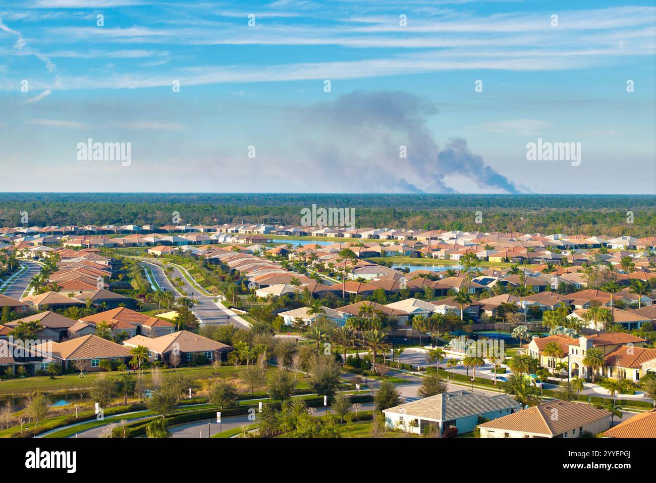 Toxic smoke from prescribed forest fire rising up over suburban ...