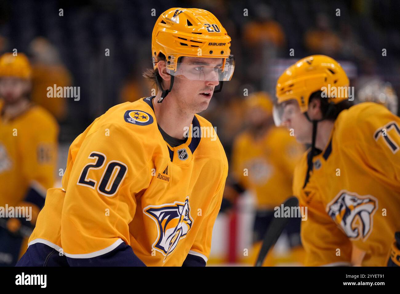 Nashville Predators defenseman Justin Barron (20) warms up for the team ...
