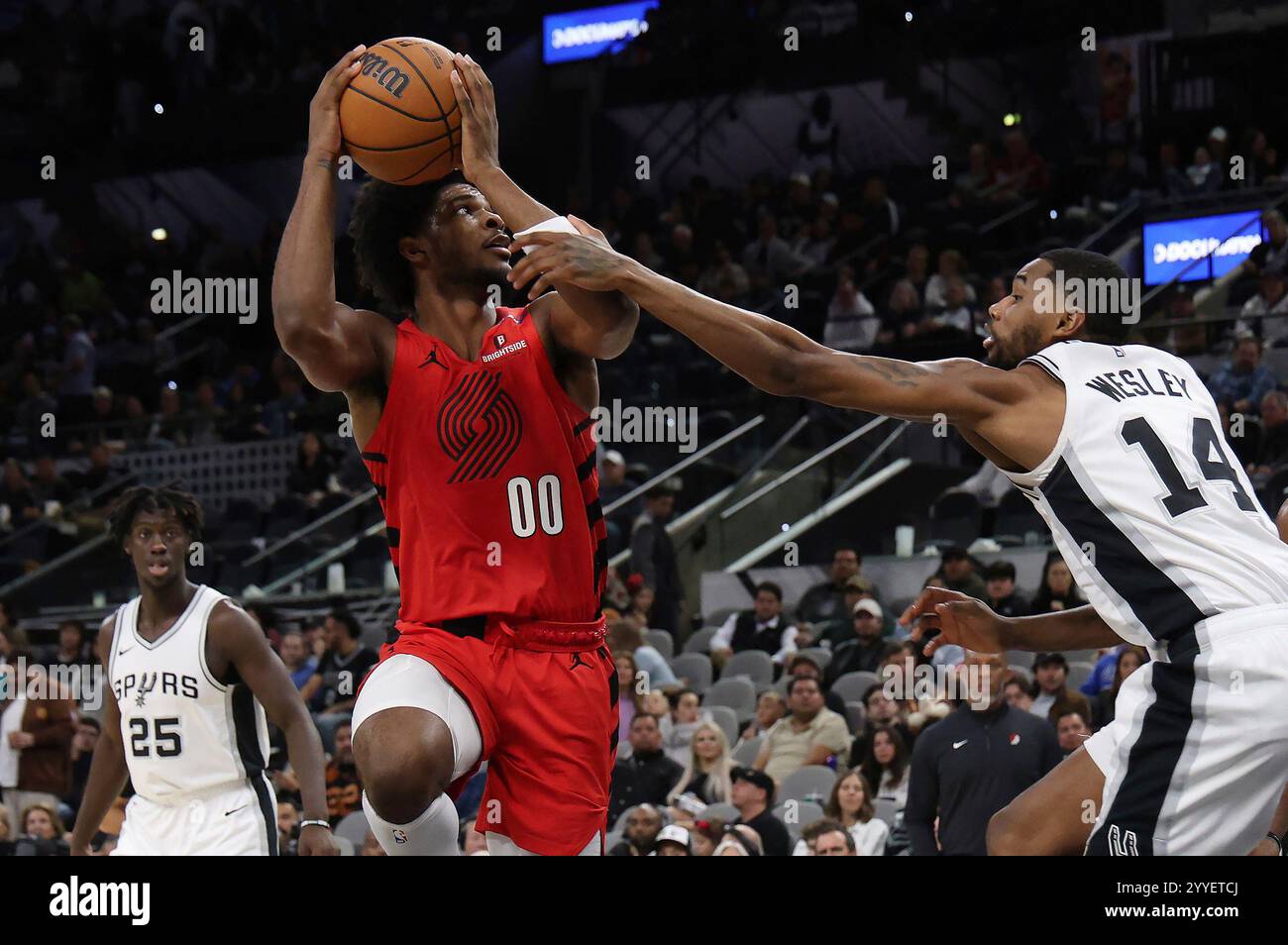 Portland Trail Blazers Scoot Henderson (00) gets fouled by San Antonio ...