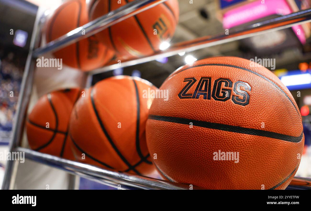 SPOKANE, WA - DECEMBER 21: A basketball with Gonzaga Bulldogs branding ...
