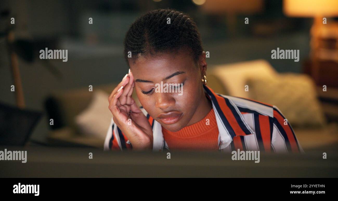 Black woman, headache and night with stress for strain, overworked or ...